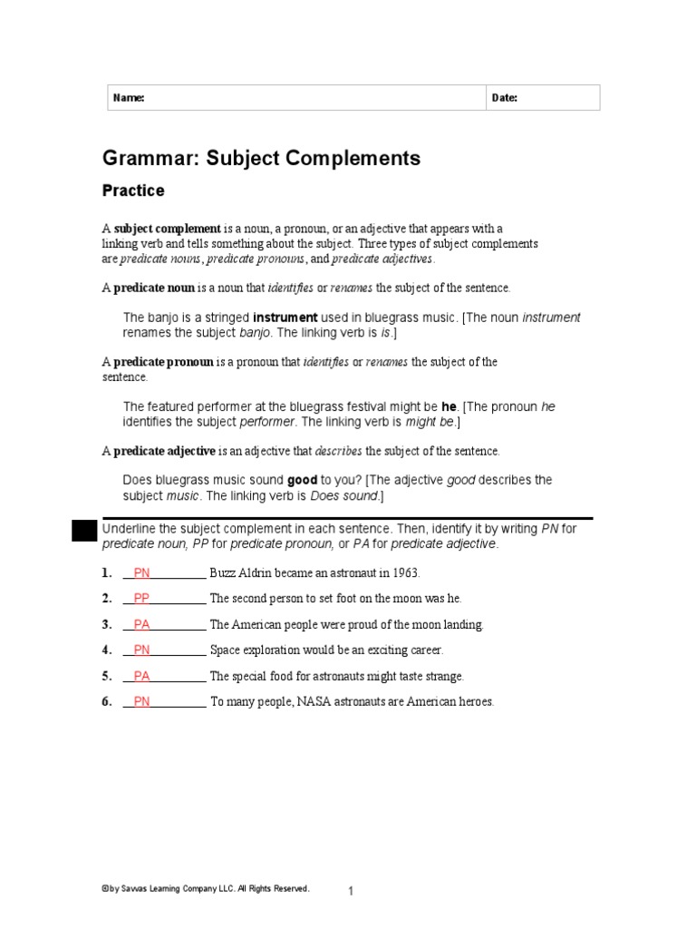 Grammar: Subject Complements: Practice | PDF | Verb | Subject (Grammar)