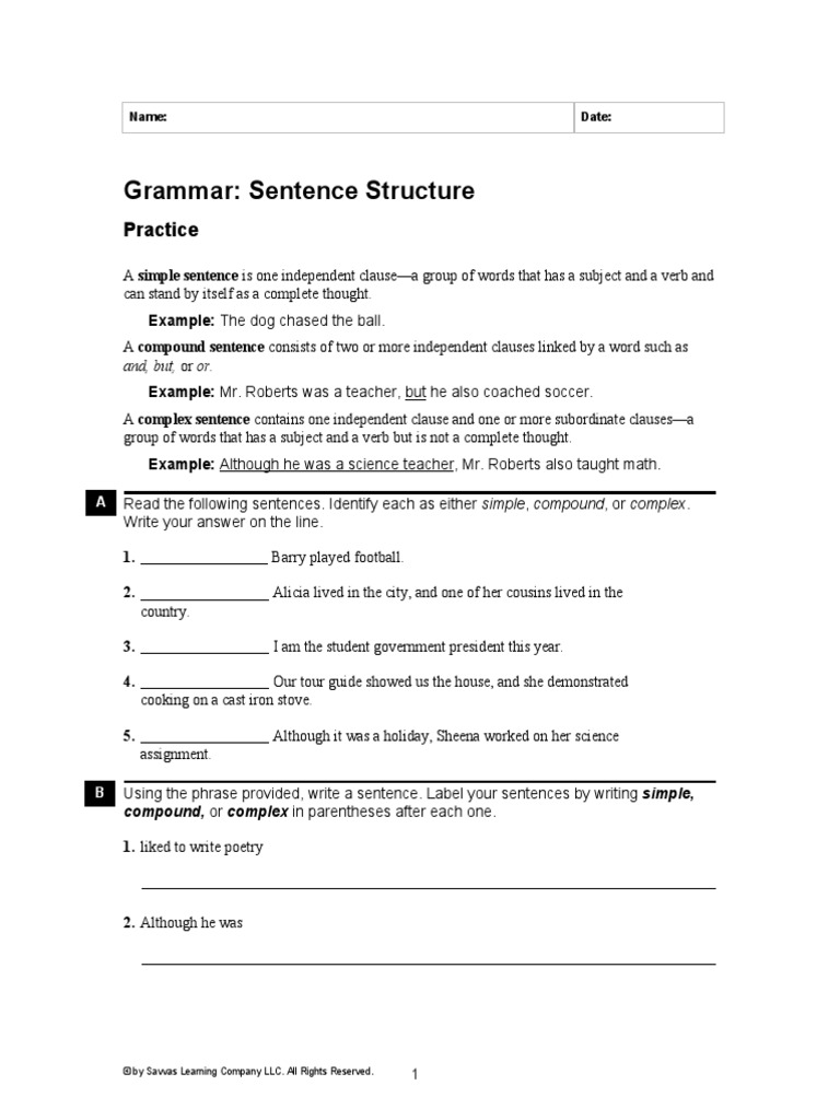 Grammar: Sentence Structure: Practice | PDF | Sentence (Linguistics ...