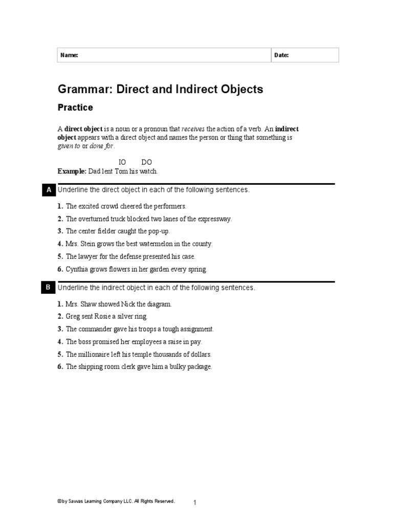 Direct and Indirect Objects Practice | PDF | Linguistics | Linguistic ...
