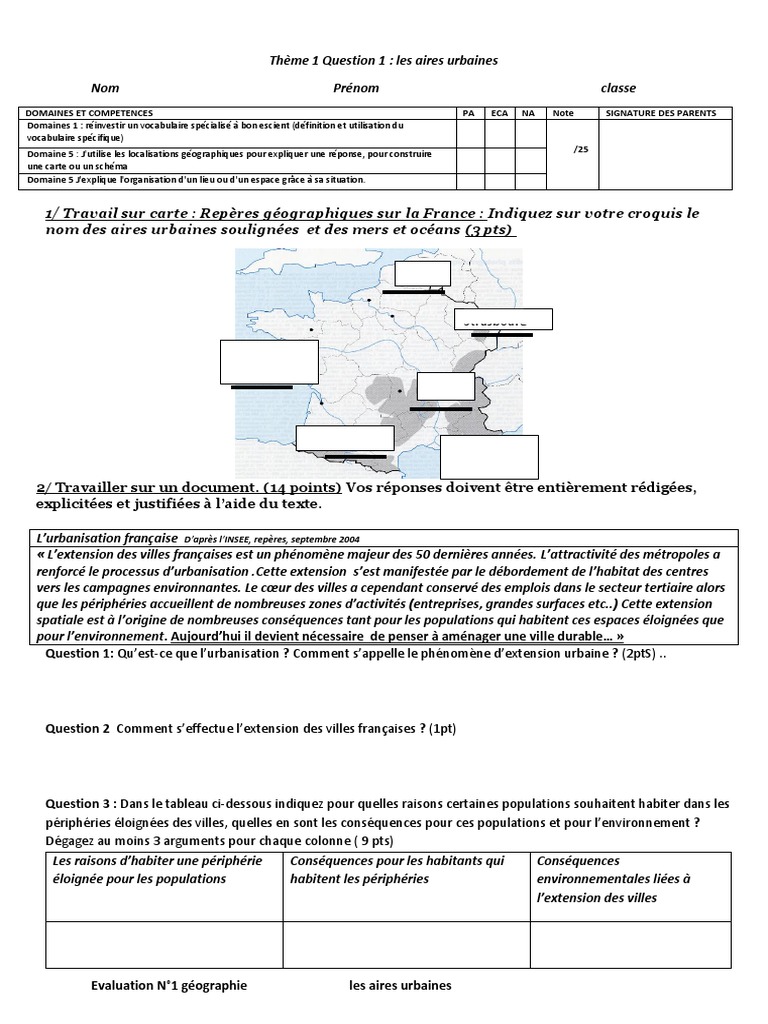 Évaluation sur les aires urbaines 3ème | PDF | Migration pendulaire ...