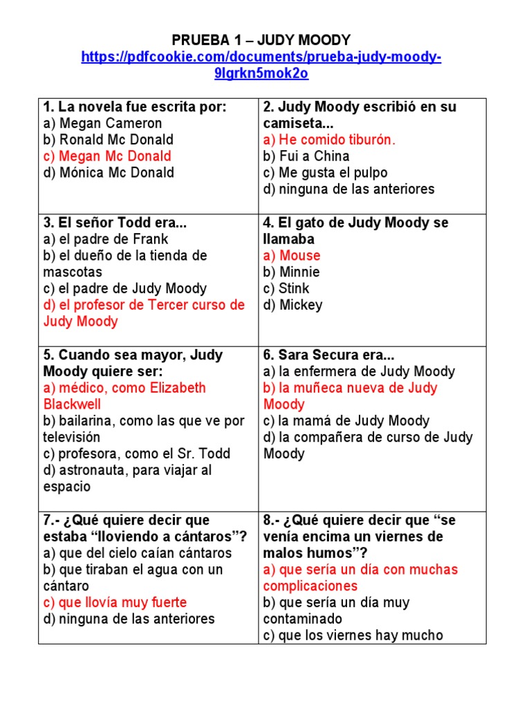 Prueba sobre Judy Moody y sus personajes | PDF