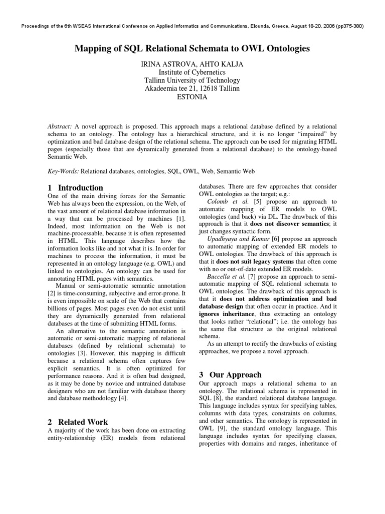 Mapping of SQL Relational Schemata To OWL Ontologies | PDF | Relational Database | Ontology ...