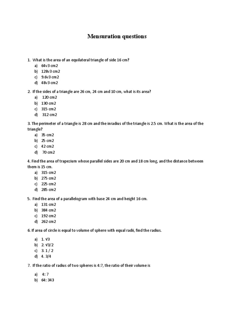 Mensuration Questions | PDF | Area | Volume