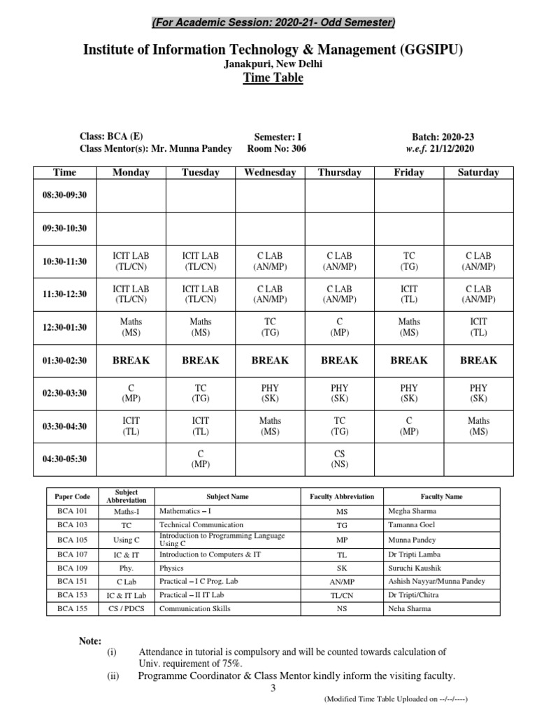 BCA Semester I Class Schedule 2020-21 | PDF | Science And Technology ...