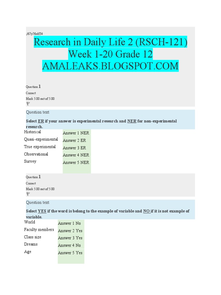 Research in Daily Life 2 (RSCH-121) Week 1-20 Grade 12: Question Text ...