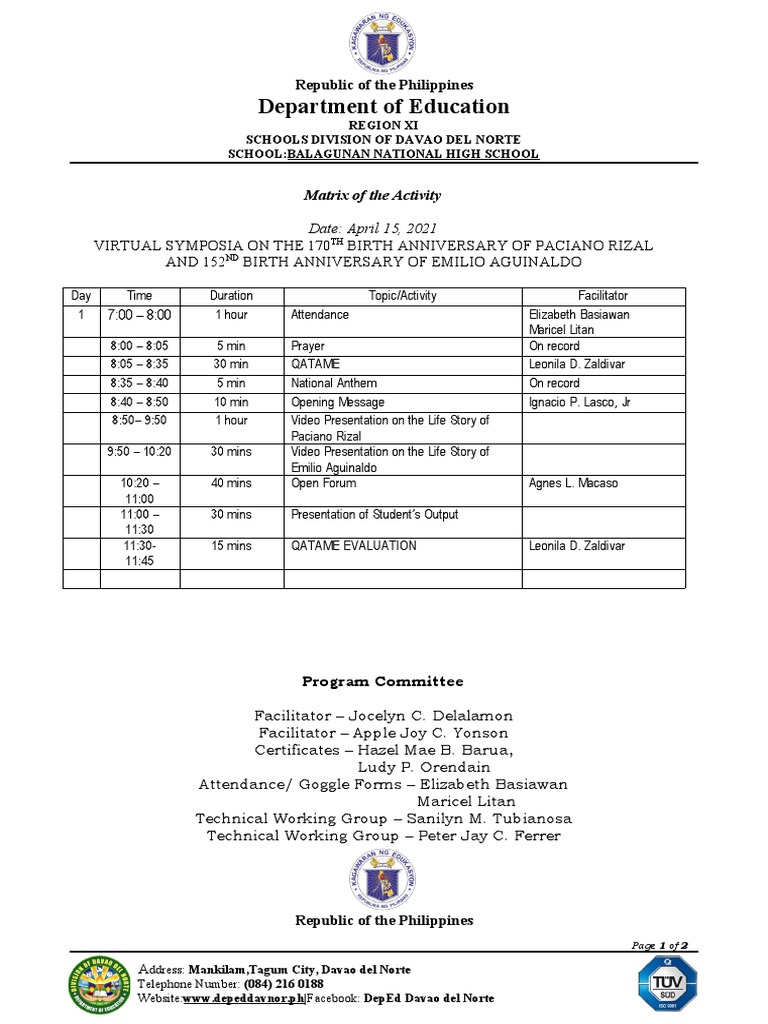 Department of Education: Matrix of The Activity | Download Free PDF ...