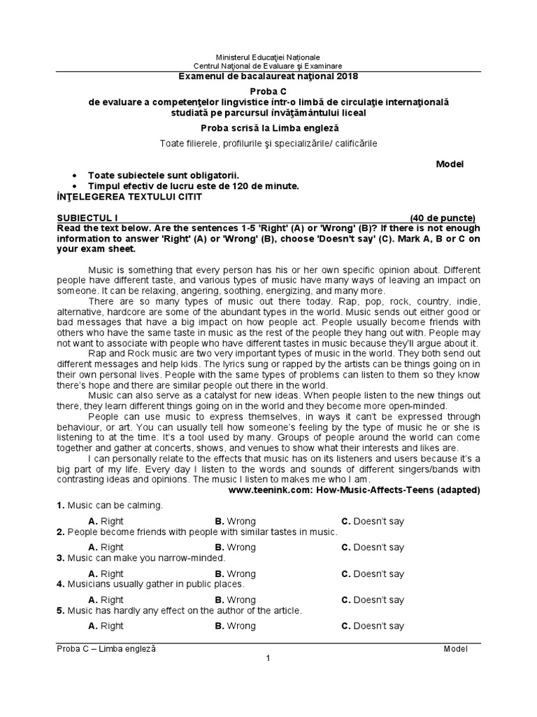 C Engleza Scris Model Subiect | PDF | Parliament | Ireland
