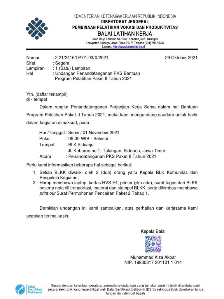 Undangan PKS Paket 2 Gel 4 (1 November 2021) - Sign | PDF