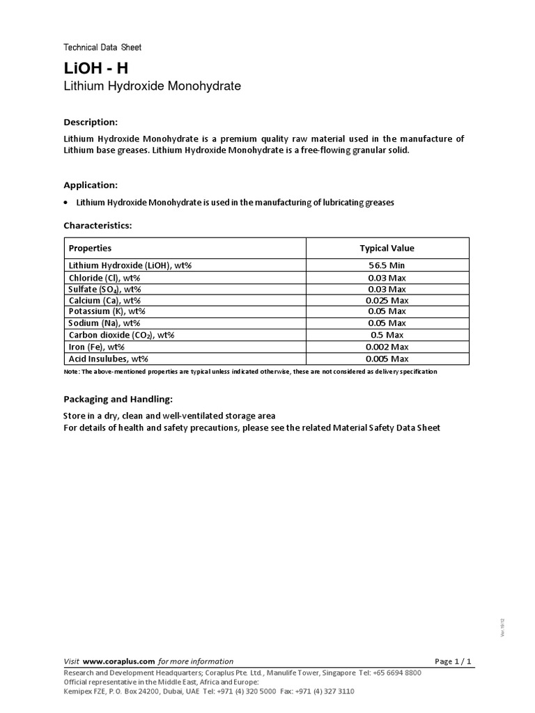 Lithium Hydroxide Monohydrate Data | PDF