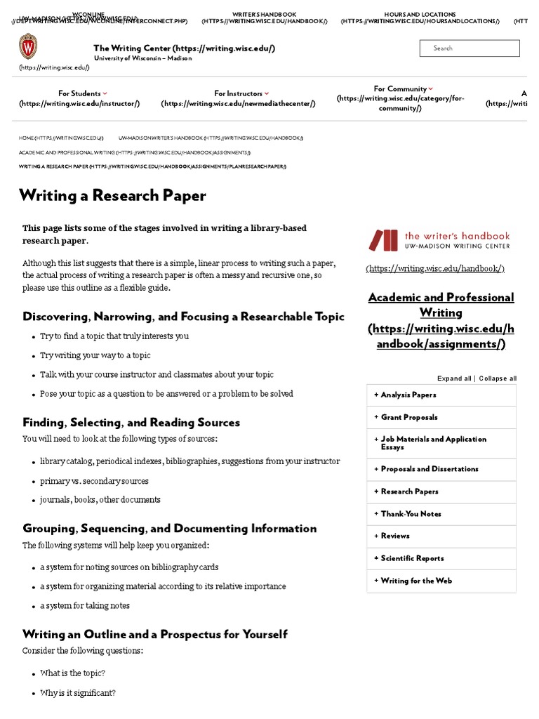 Writing A Research Paper - The Writing Center - UW-Madison | PDF ...