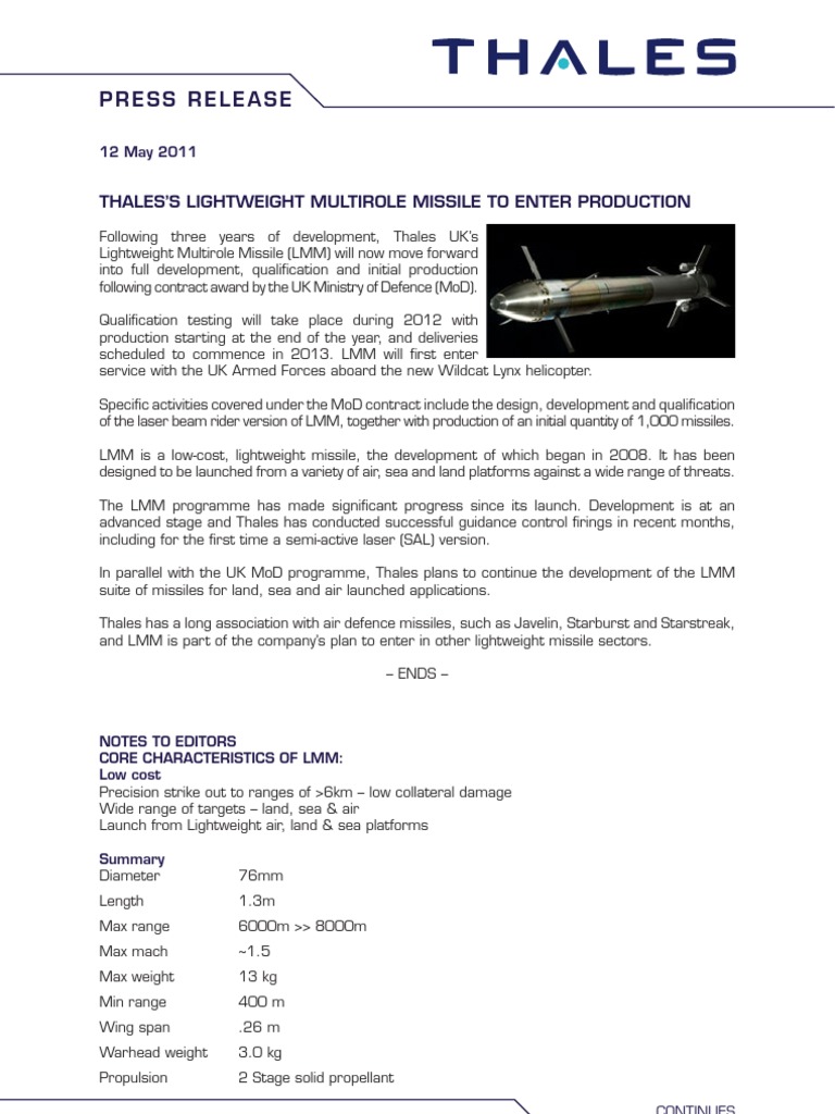 Thales LMM Missile Enters Production | PDF | Missile | Military Science