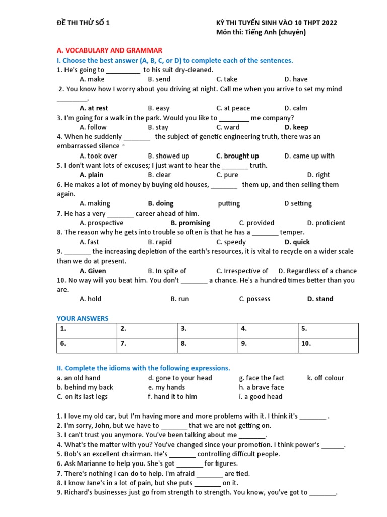 I. Choose The Best Answer (A, B, C, or D) To Complete Each of The ...