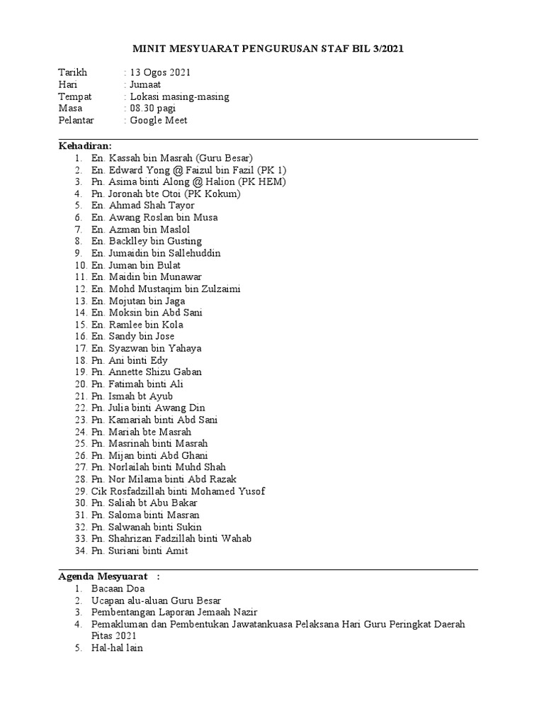 Minit Mesyuarat Pengurusan Staf 3-2021 | PDF