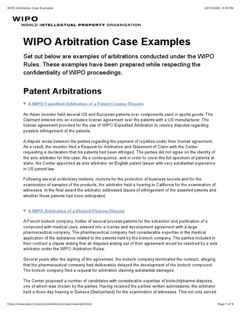 9a WIPO Arbitration Case Examples | PDF | Arbitration | Patent