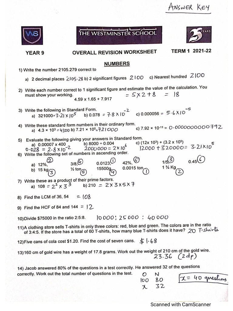 Answer Key - Year 9 - Overall Revision Worksheet - Term 1 2021-22 | PDF