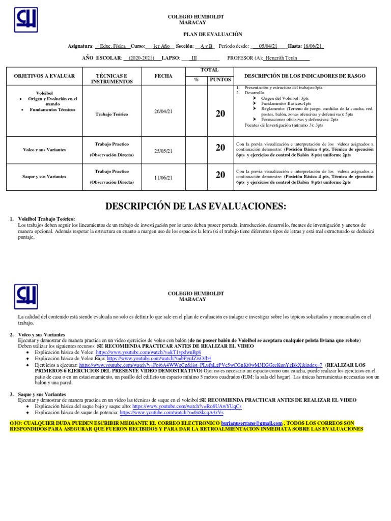 Plan De Evaluacion 1er Año Pdf Vóleibol