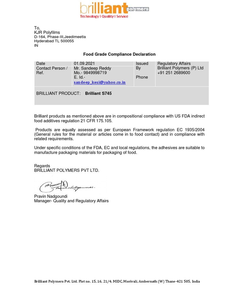 Food Grade Declaration KJR Polyfilms 01.09.2021 | PDF | Business | Technology & Engineering