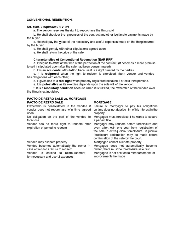 Conventional Redemption. Art. 1601. Requisites REV-CR | PDF | Mortgage ...