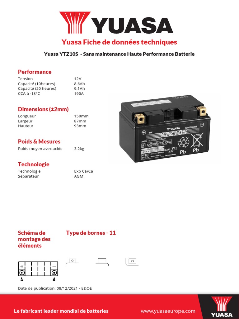 Batterie Yuasa YTZ10S : Fiche Technique | PDF | Maison et jardin