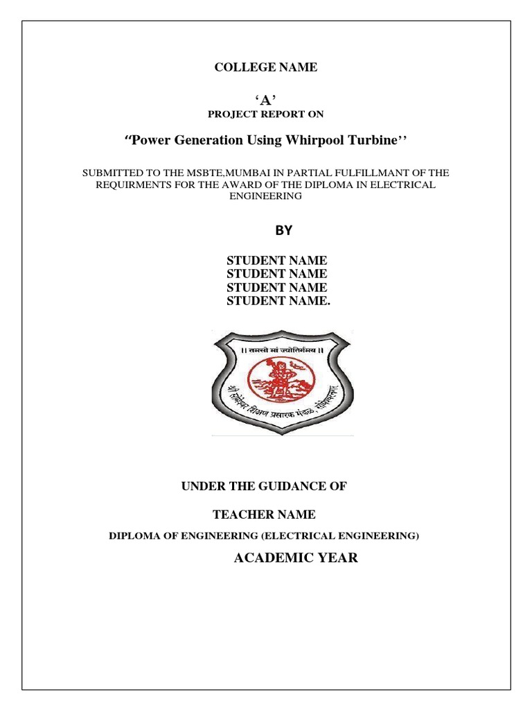 Power Generation Using Whirpool Turbine'': College Name | PDF ...