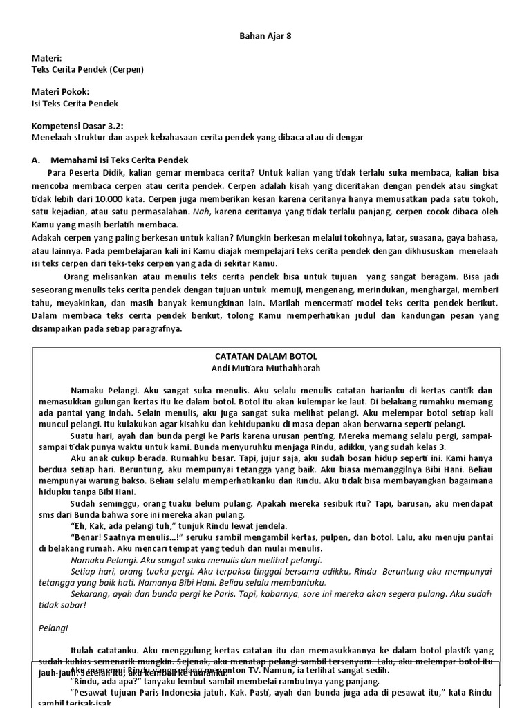 Bahan Ajar 8 Memahami Isi Teks Cerpen | PDF | Fiksi Umum