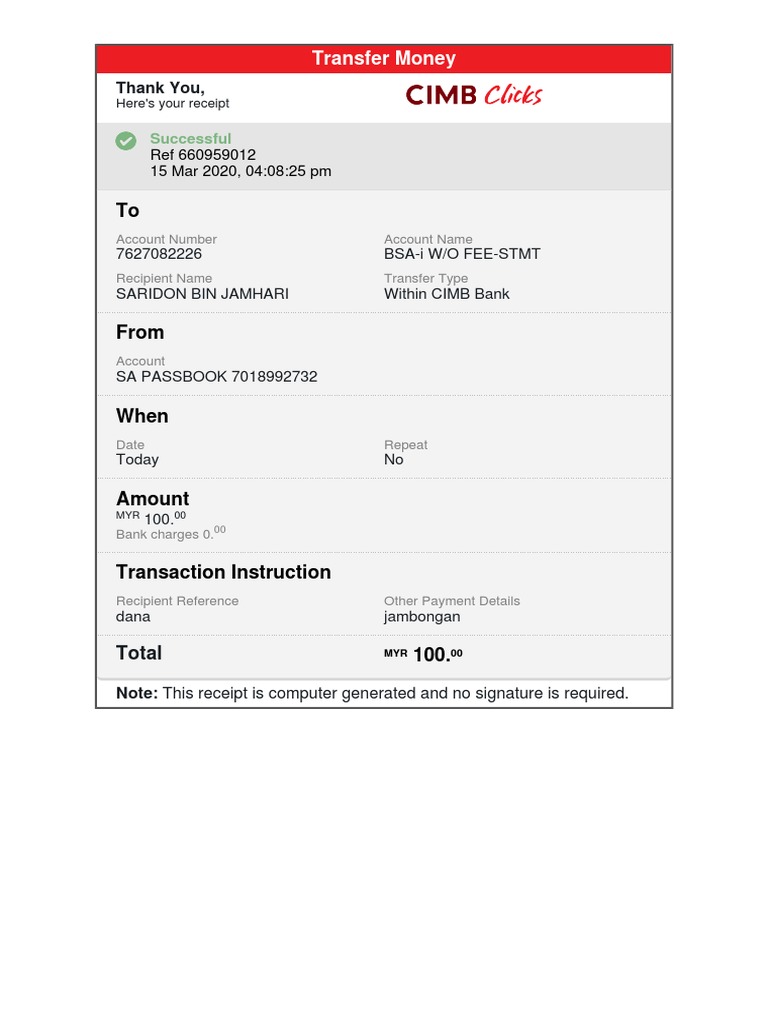 CIMB Bank Money Transfer Receipt | PDF | Finance & Money Management
