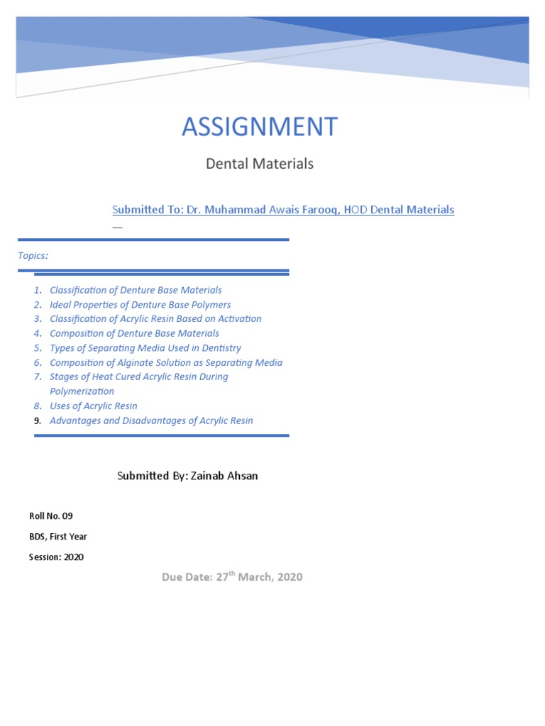 Classification of Denture Base Materials | PDF | Dentures | Poly(Methyl ...