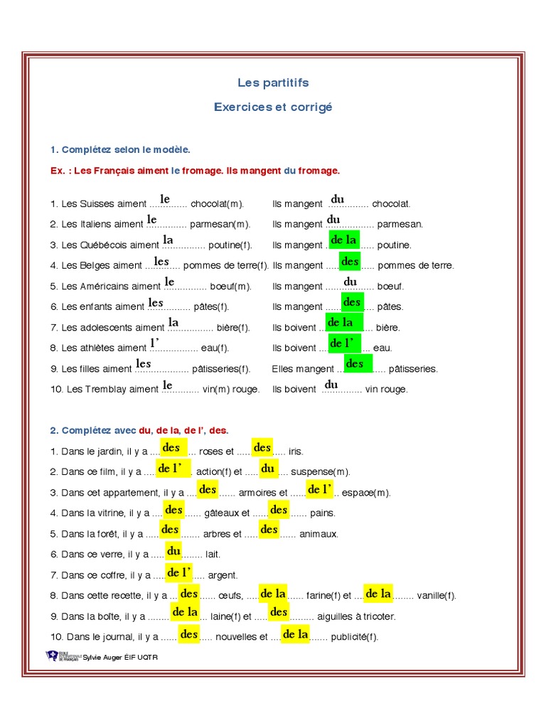 Les Articles Partitifs Exercices Et Corrige | PDF | Cuisine régionale ...