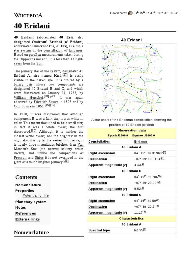 40 Eridani: 40 Eridani (Abbreviated 40 Eri), Also | PDF | Physical ...
