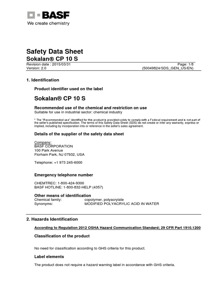 Safety Data Sheet: Sokalan CP 10 S | PDF | Personal Protective Equipment | Firefighting