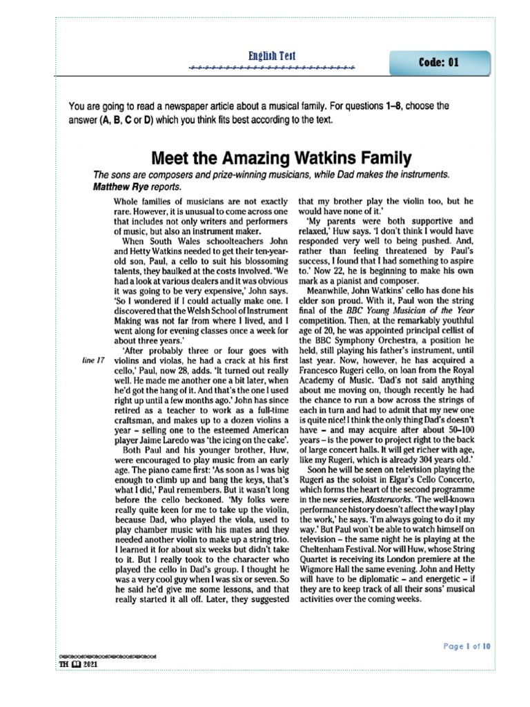 Code: 01: English Test | PDF