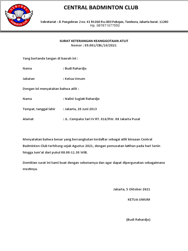 Surat Keterangan Keanggotaan Atlet | PDF