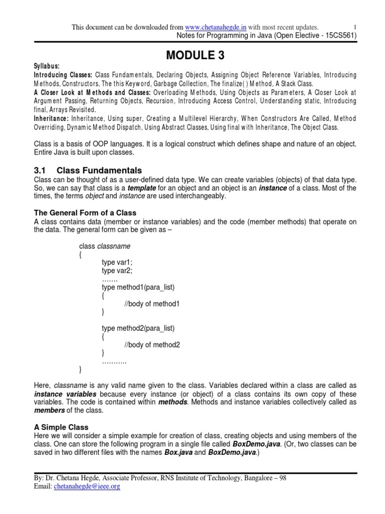 3.1 Class Fundamentals: WWW - Chetanahegde.in | PDF | Inheritance (Object Oriented Programming ...