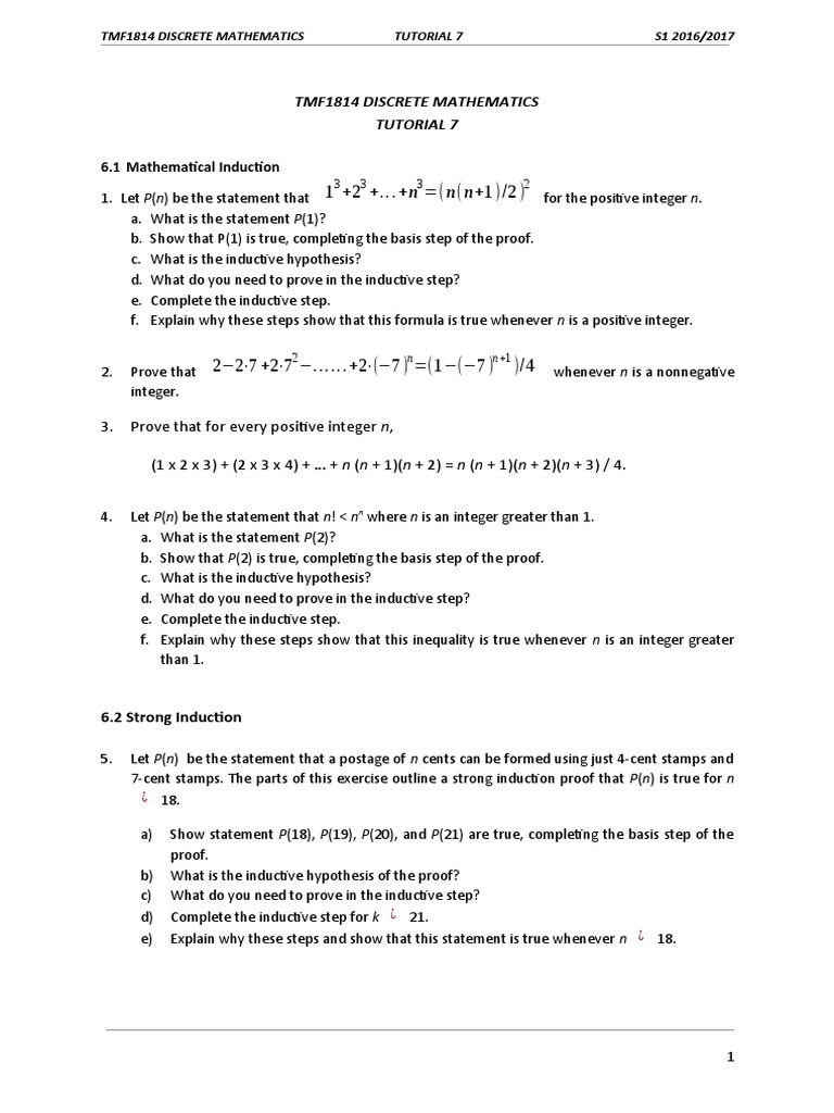 Tmf1814 Discrete Mathematics Tutorial 7: 6.1 Mathematical Induction | PDF | Mathematical Proof ...