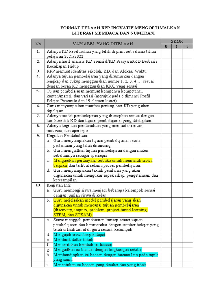4 Format Telaah RPP Inovatif Mengoptimalkan Literasi Da Numerasi | PDF