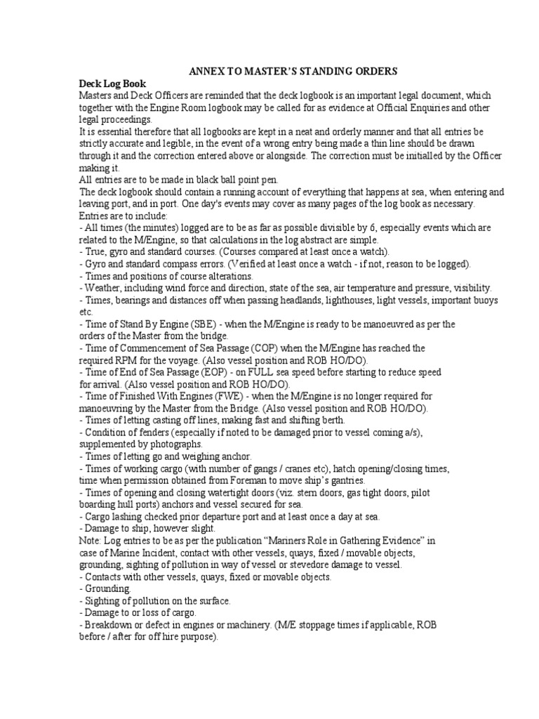 Annex To Master's Standing Orders | PDF | Ships | Port