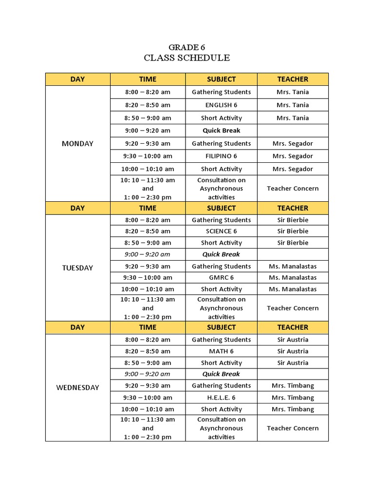 Grade 6 Class Schedule | PDF
