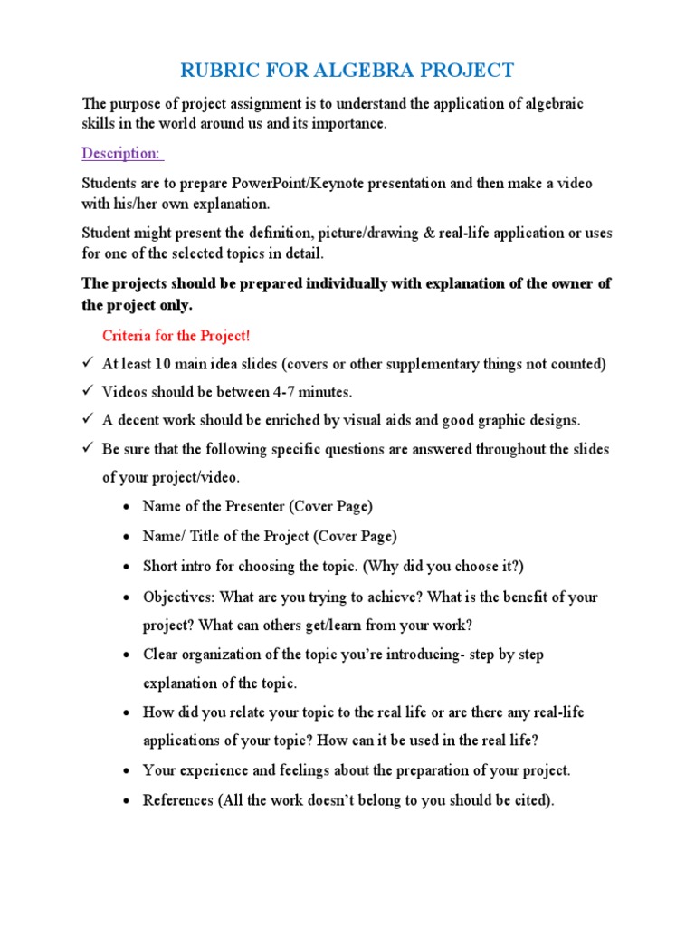 Rubric For Algebra Project 2 2 | PDF | Equations | Rubric (Academic)