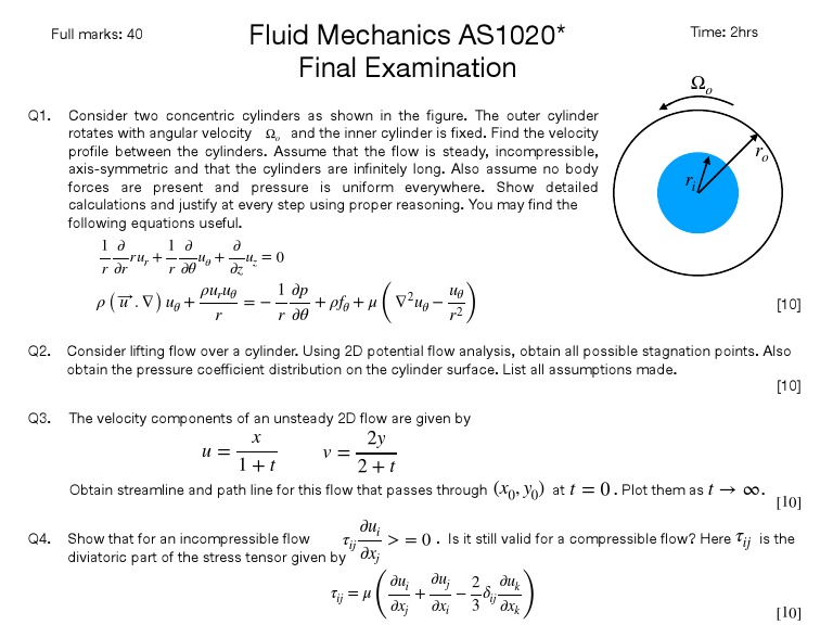 Fluid Mechanics Exam Questions | PDF | Fluid Dynamics | Physical Quantities