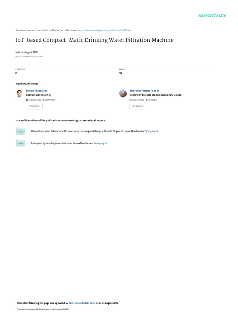 Iot-Based Compact-Matic Drinking Water Filtration Machine: August 2020 ...