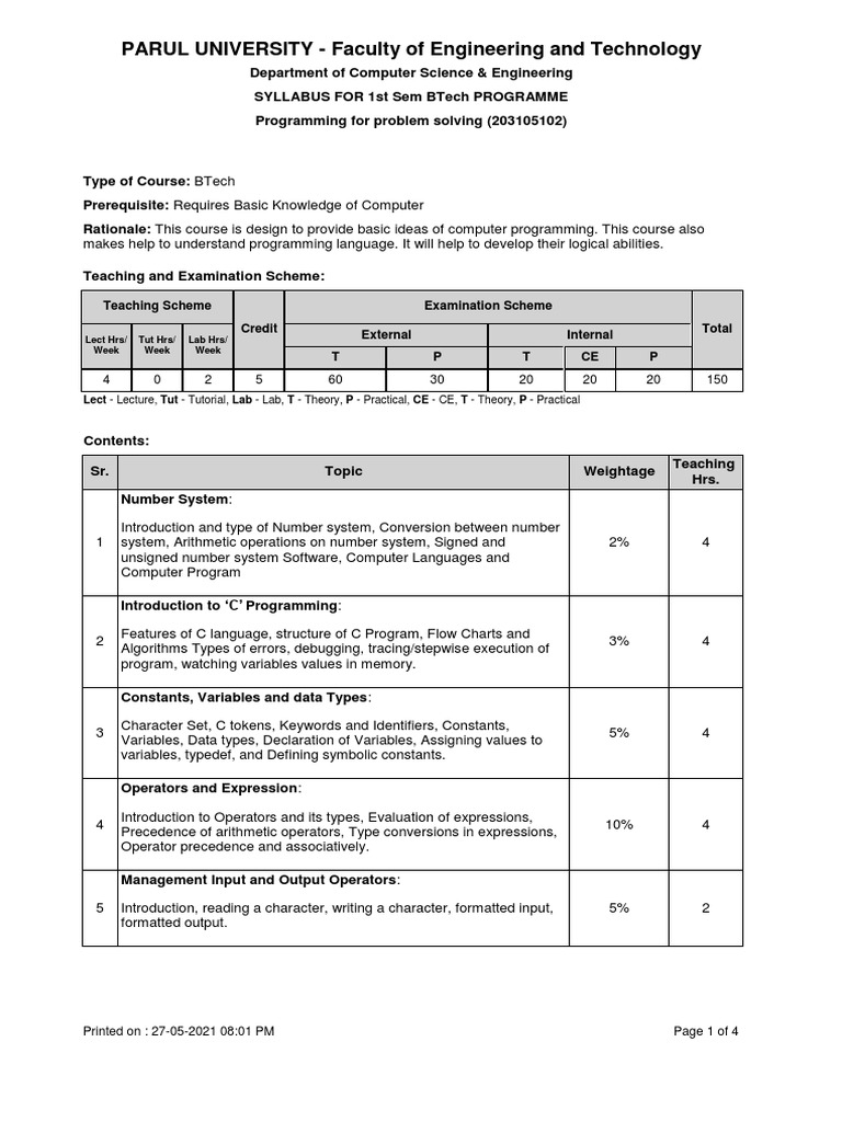 PARUL UNIVERSITY - Faculty of Engineering and Technology | PDF | Pointer (Computer Programming ...