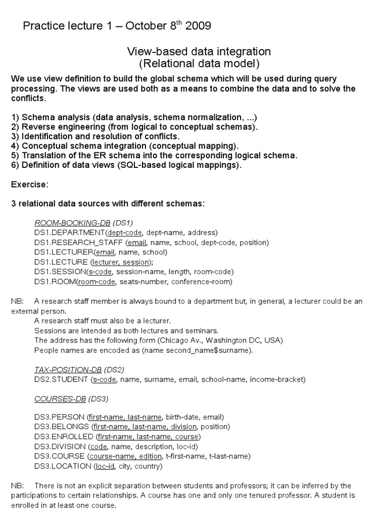 Practice Lecture 1 October 8 2009 View Based Data Integration Relational Data Model Pdf