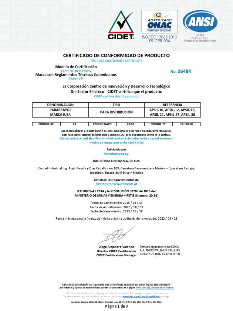 Certificado de conformidad para pararrayos marca IUSA que cumplen con estándares internacionales ...