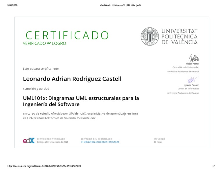 Certificado UPValenciaX UML101x - Edx | PDF