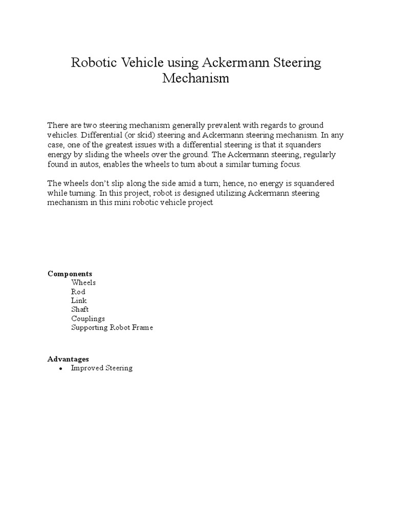 Robotic Vehicle Using Ackermann Steering Mechanism: Components | PDF