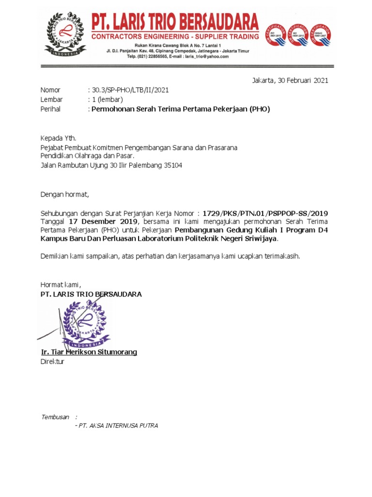 Surat Permohonan PHO - PT. Laris Trio Bersaudara (Sriwijaya) | PDF