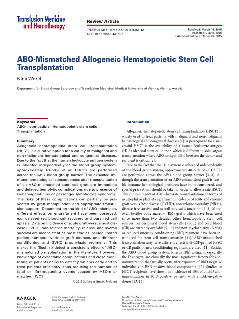 ABO-Mismatched Allogeneic Hematopoietic Stem Cell Transplantation | PDF ...
