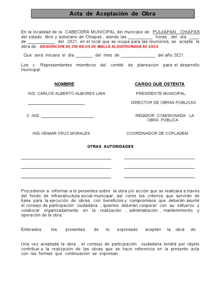 Acta de Aceptacion de La Obra | PDF | Gobierno