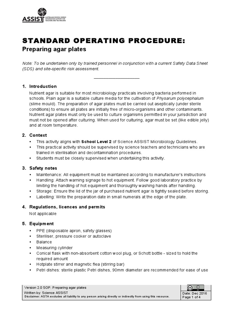 STANDARD OPERATING PROCEDURE- Preparing Agar Plates- SOP Preparing Agar ...