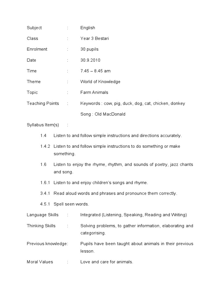 Old Macdonald Lesson Plan Details Fun Activities Games - 8370 | PDF